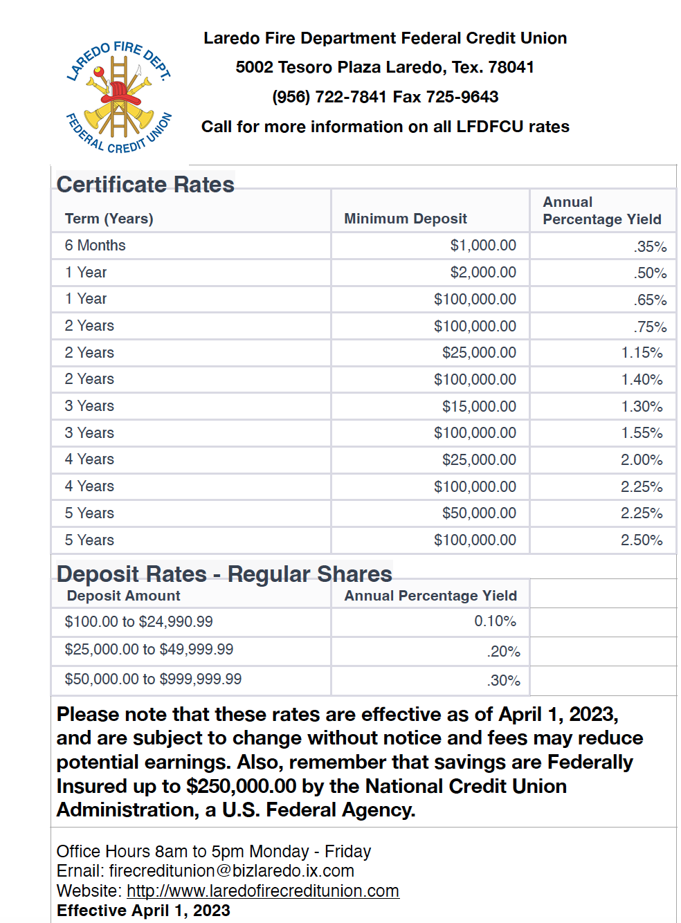 Laredo Fire Department Federal Credit Union | LFDFCU Rates And Fees